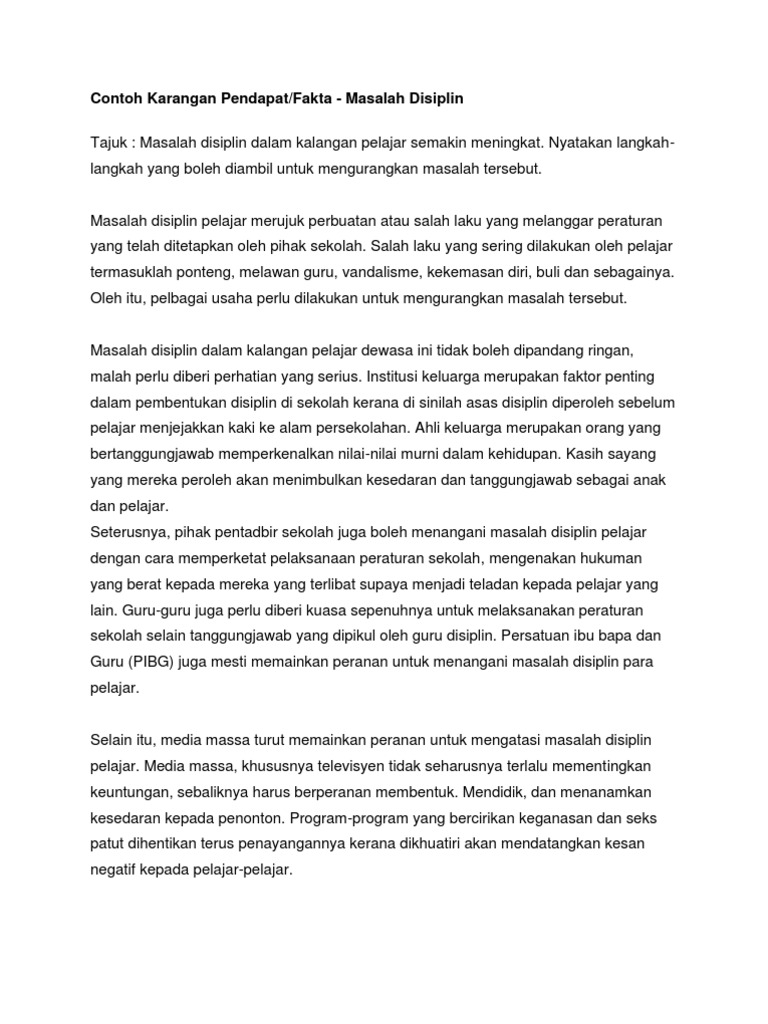 Contoh Karangan Pendapat/Fakta - Masalah Disiplin Contoh Karangan Pendapat/Fakta - Masalah Disiplin