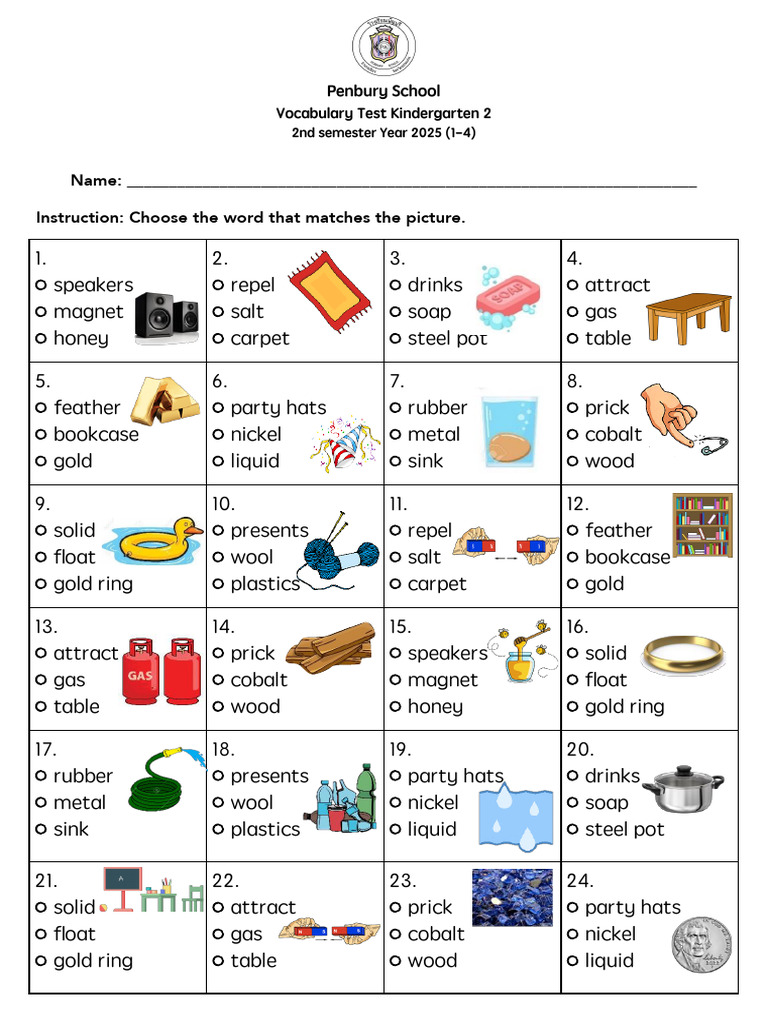 Kindergarten Vocabulary Test Guide | PDF | Materials | Metals