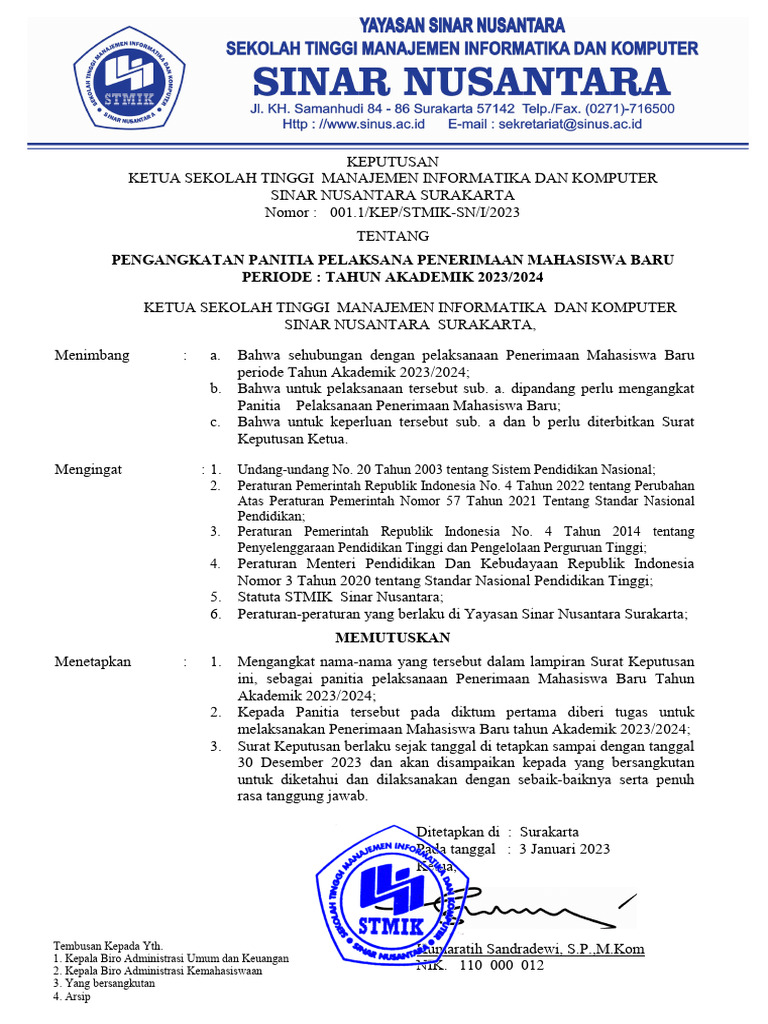 001-1-I-2023-SK Panitia PMB 2023-2024 | PDF