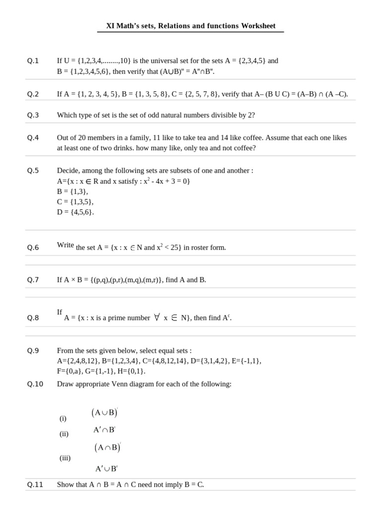XI Math Sets, Relations, Functions Worksheet | PDF | Mathematics | Drink