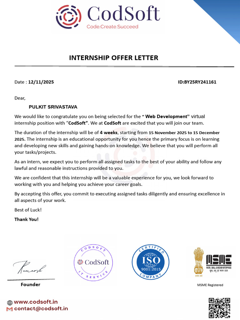 Web Development Internship Offer Letter | PDF