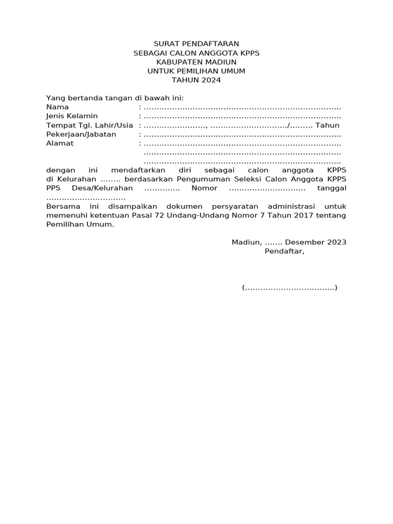 Formulir Pendaftaran KPPS | PDF