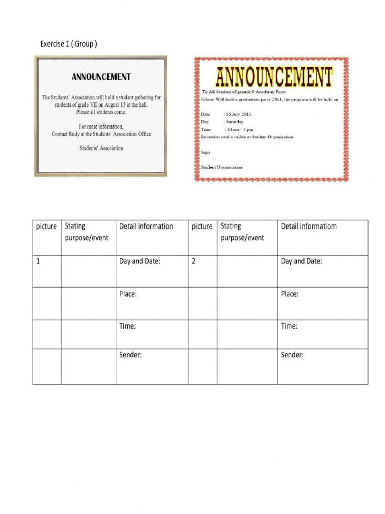 Announcement Worksheet Group | PDF