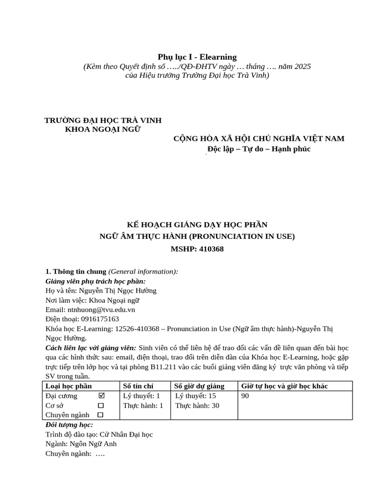 Phu Luc I - KH Giang Day Hoc Phan - Elearning - Ngu Am TH-410368 | PDF