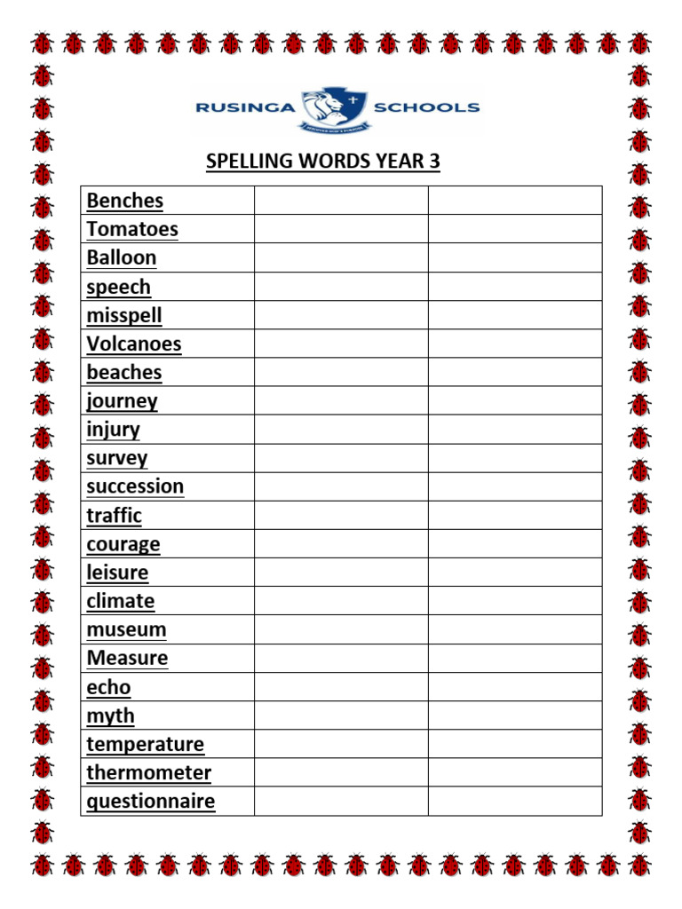 Spelling Words Year 3 Exercise | PDF