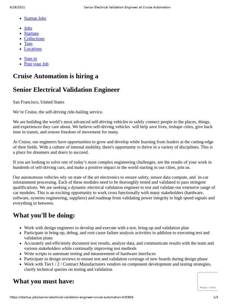 Senior Electrical Validation Engineer at Cruise Automation | PDF