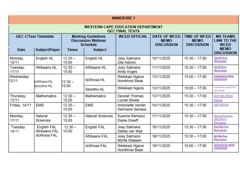 Western Cape GEC Test Schedule 2025 | PDF