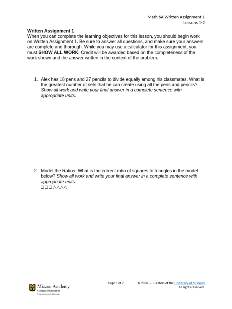 6A Assignment 1 (Lessons 1-2) | PDF | Mathematics | Arithmetic