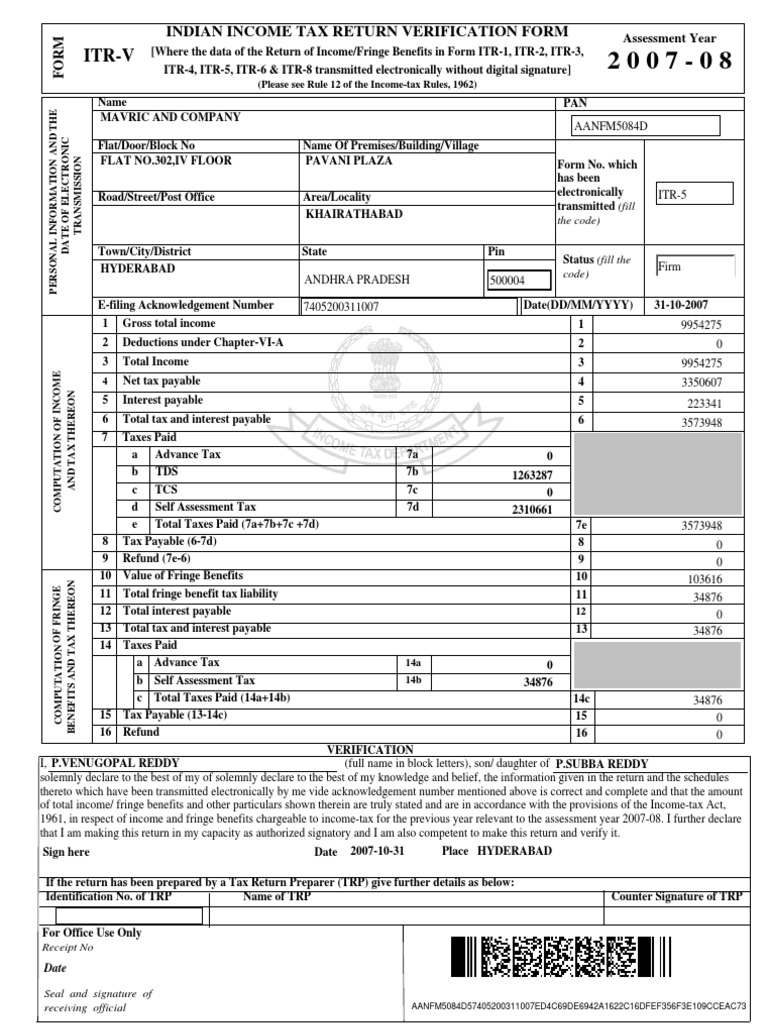 Itr-V: Indian Income Tax Return Verification Form | PDF | Personal ...
