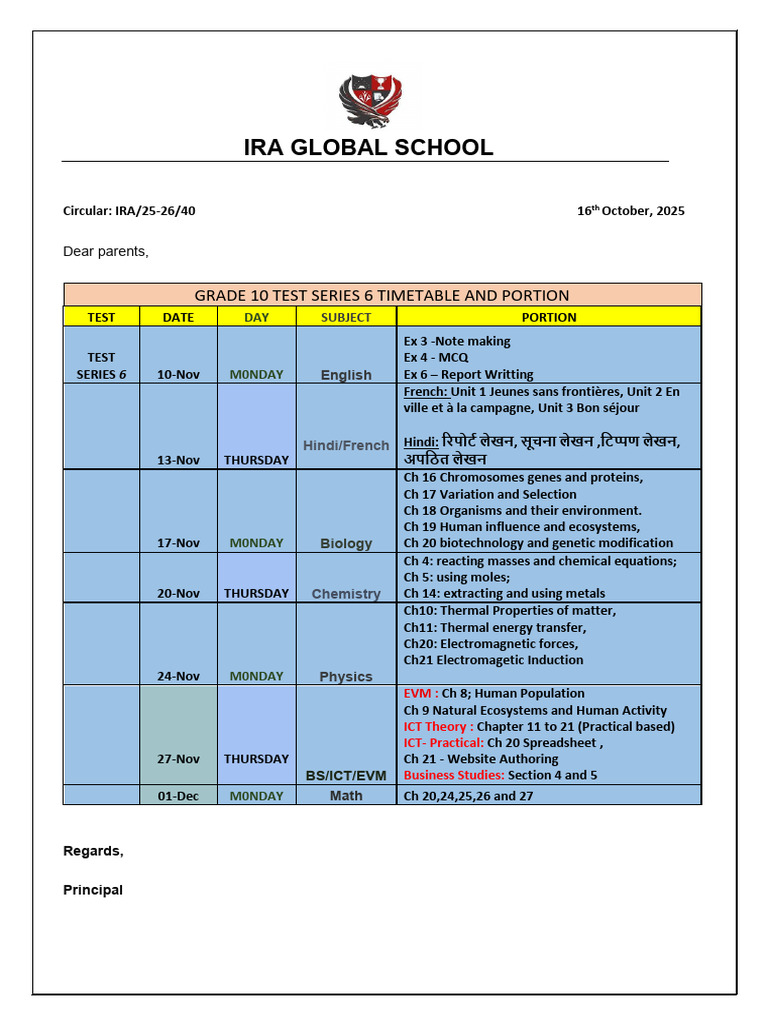 Grade 10 Test Series 6 Timetable | PDF | Biology | Genetics