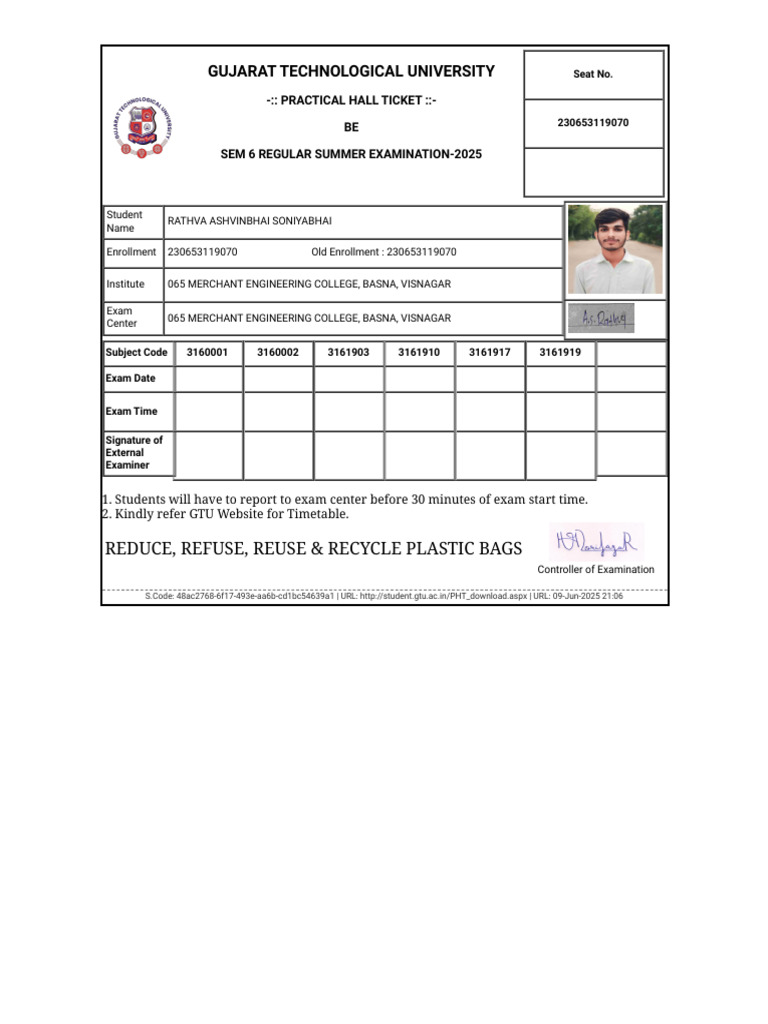 GTU BE Sem 6 Practical Hall Ticket 2025 | PDF