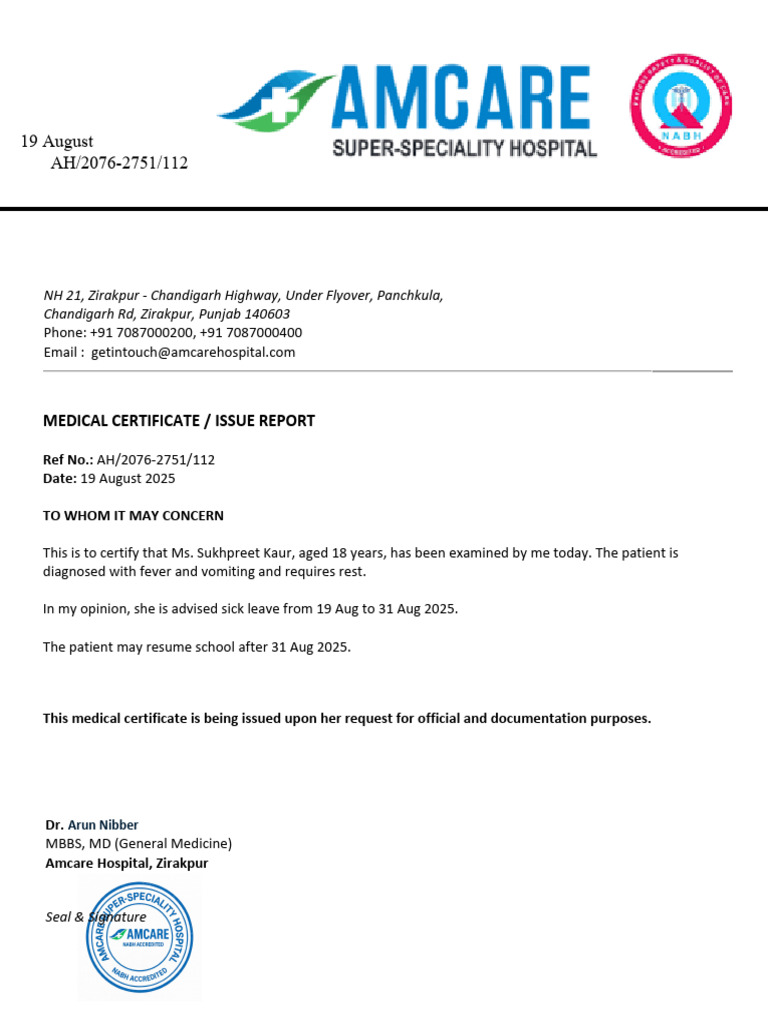 Medical Certificate for Sick Leave | PDF