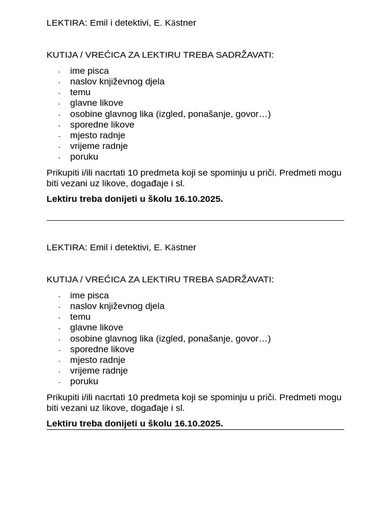 Upute Za Lektiru - Emil I Detektivi | PDF