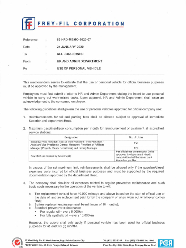 07 Memo - Use of Personal Vehicle (Final) | PDF