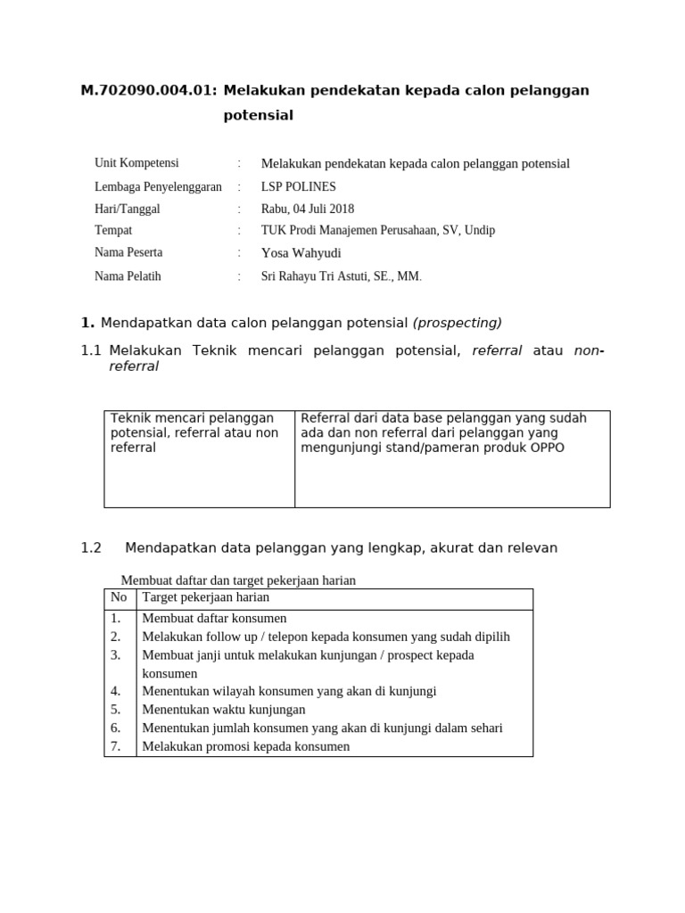Output Melakukan Pendekatan KPD Calon Pelanggan. Yosa | PDF