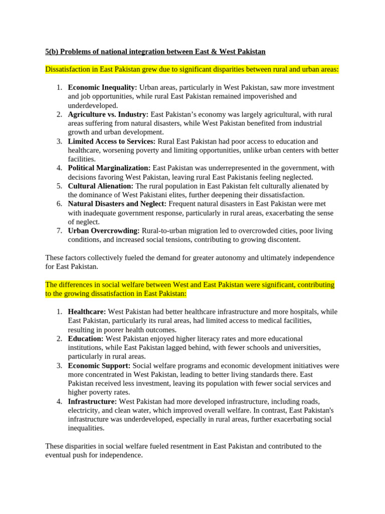 ) Problems of National Integration Between East & West Pakistan Notes ...