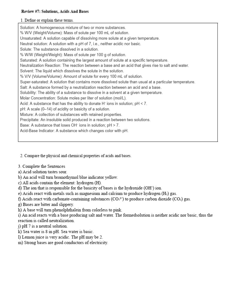 Review #7 Solutions, Acids and Bases | PDF | Acid | Hydroxide