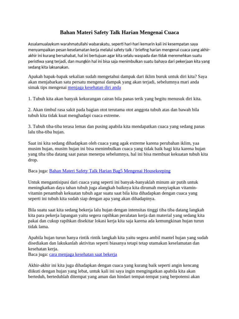 Bahan Materi Safety Talk Harian Mengenai Cuaca | PDF