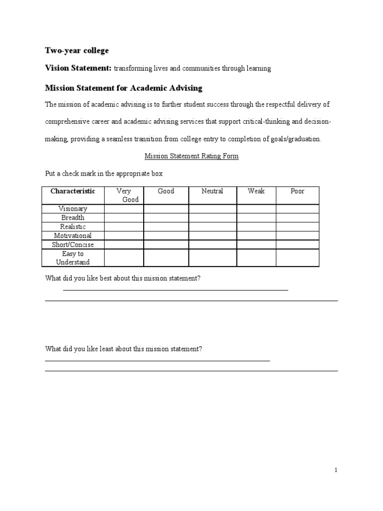 Two-Year College Vision Statement: Mission Statement For Academic ...