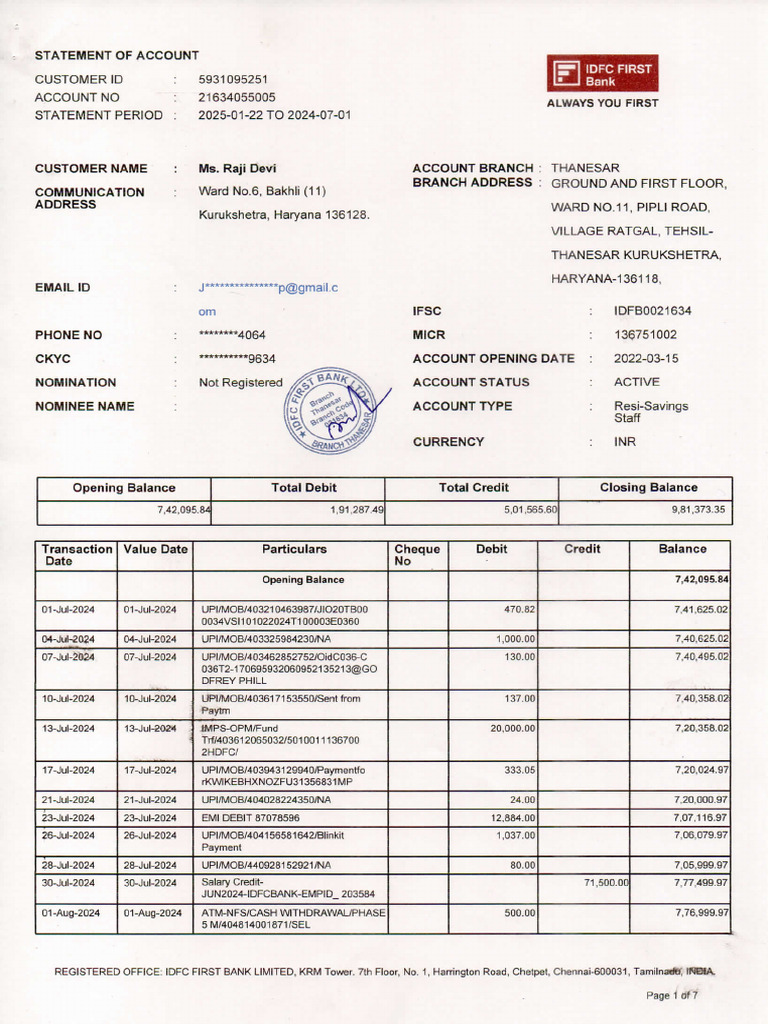 Salary Account Statment | PDF