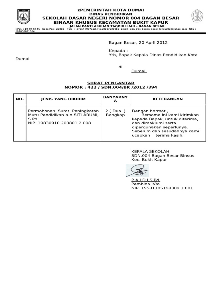 Surat Pengantar SDN 004 Bagan Besar | PDF