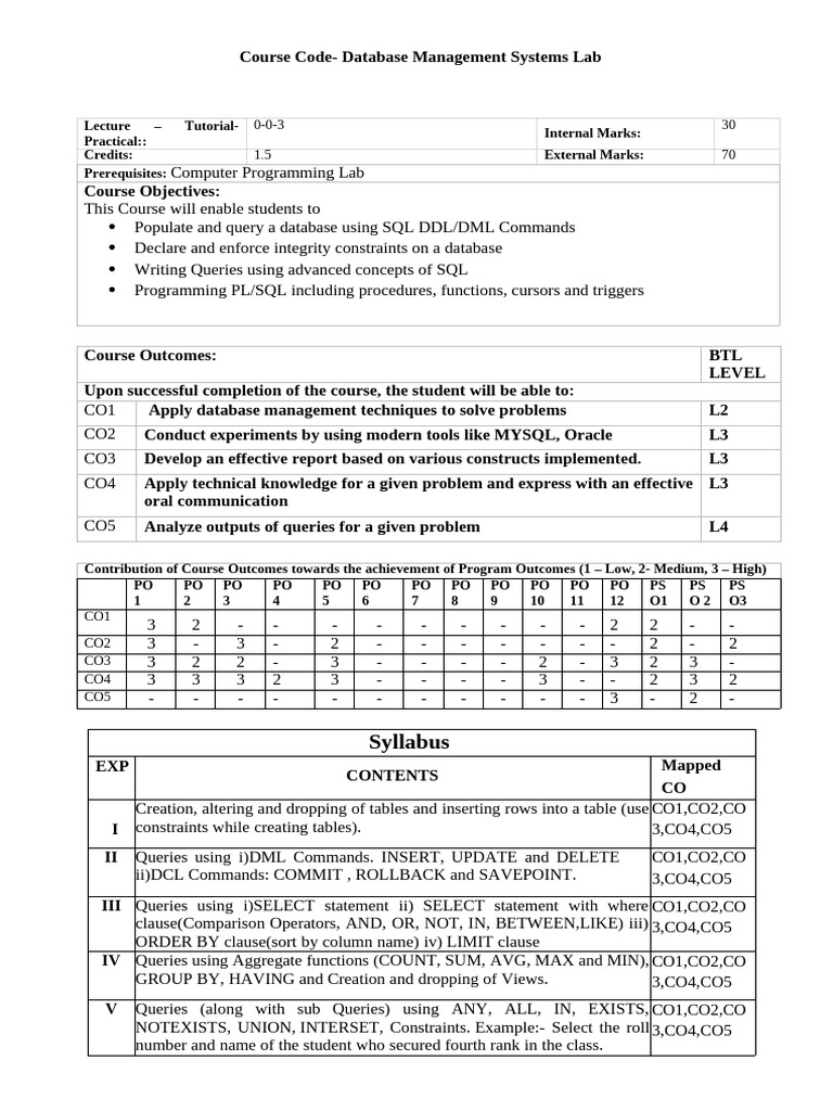 Syllabus Database Management Systems Lab | PDF | Pl/Sql | Data Management Software
