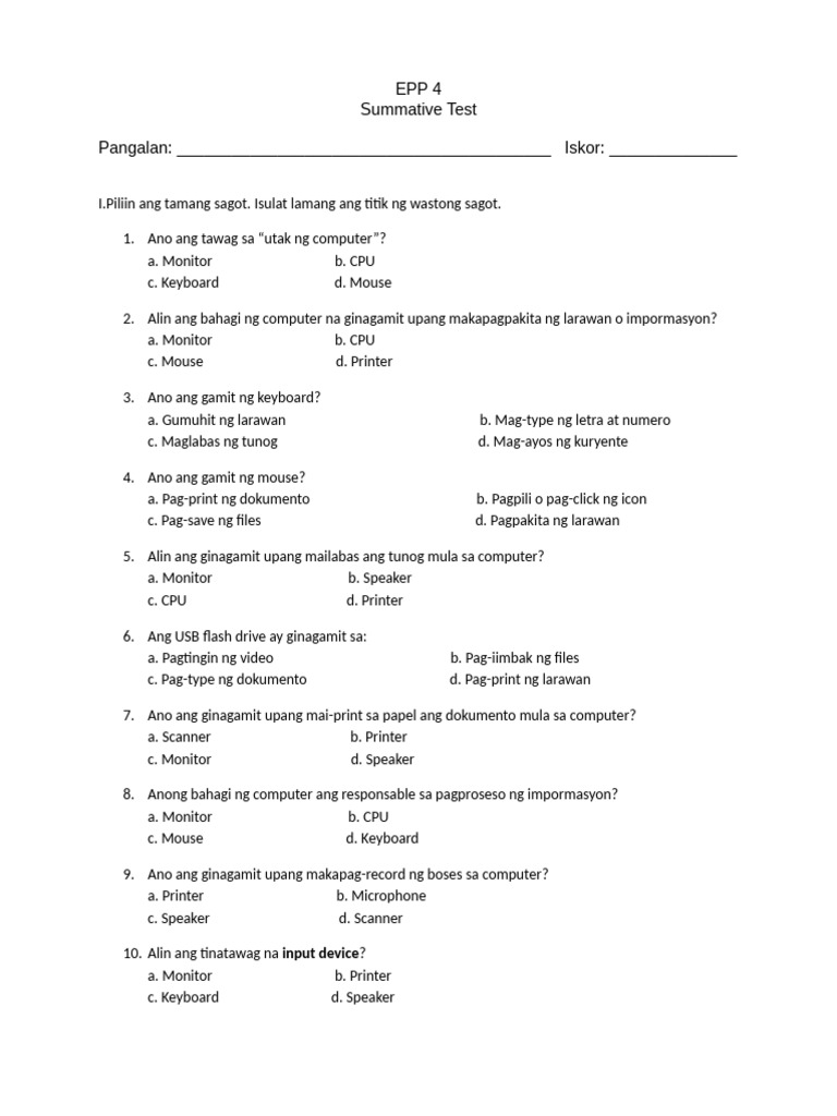 EPP 4 Summative Test | PDF