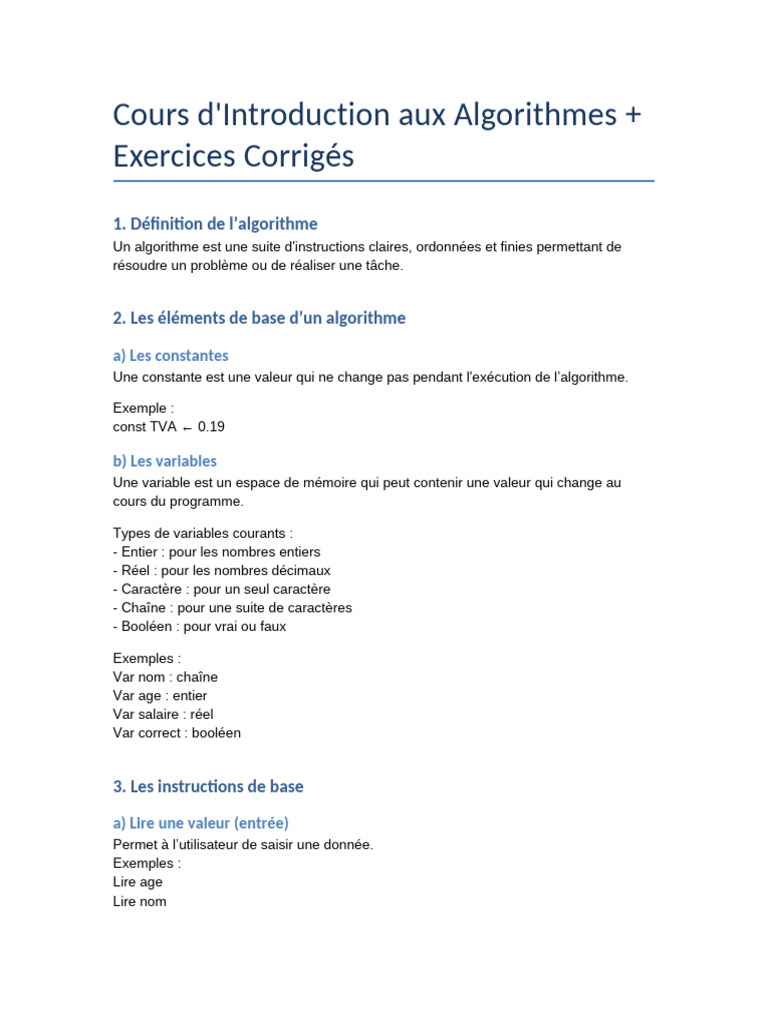 Cours Algorithme Exercices Corriges | PDF | Booléen | Algorithmes