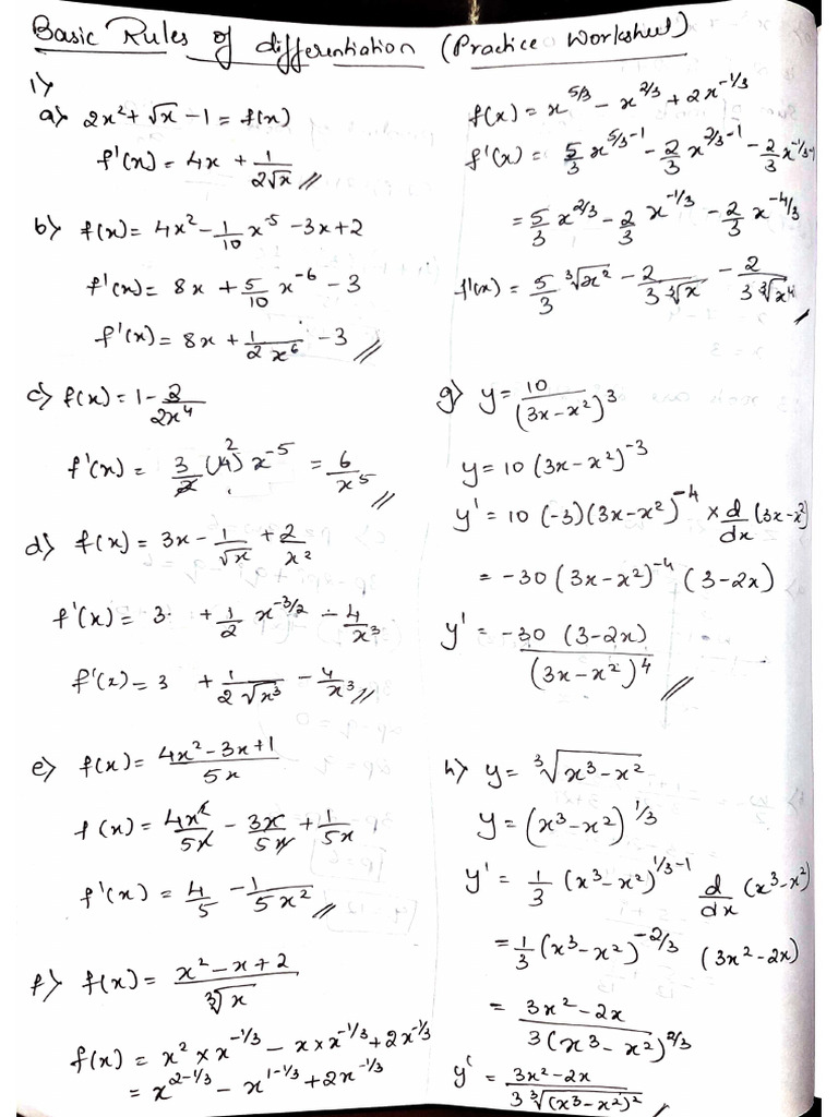 1. Basic Rules of Differentiation- Practice Worksheet (SL) Solutions | PDF