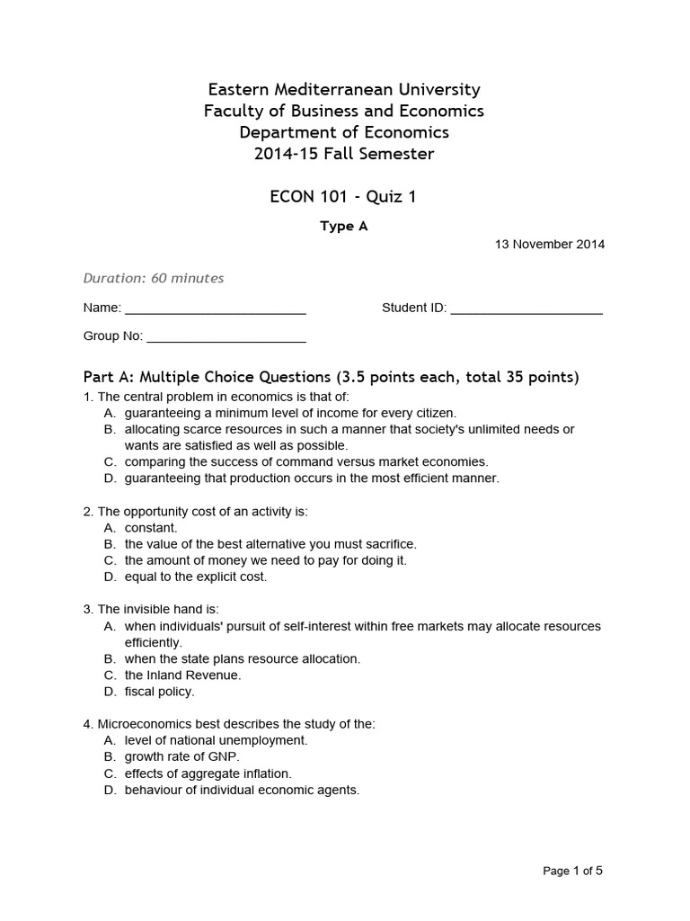 ECON101 2014-15 Fall Quiz 1 | PDF | Economics | Economic Surplus
