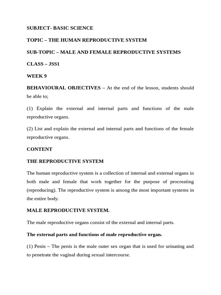 945208e0 Basic SC Jss1 Week 9 | PDF | Reproductive System | Uterus
