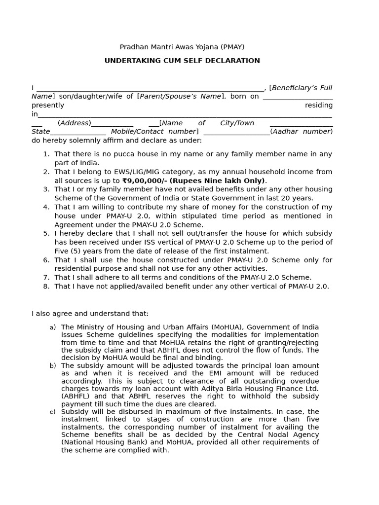 PMAY-U 2.0 Self-Declaration Form | PDF | Loans | Mortgages