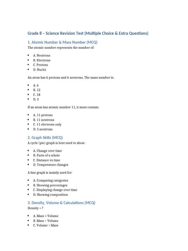 Grade 8 Science Revision Test MCQs | PDF