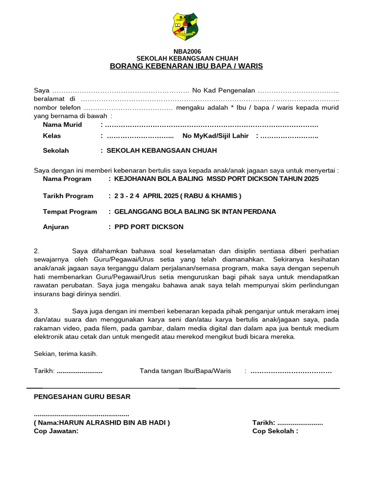 Surat Kebenaran Ibu Bapa Sk Chuah Baru | PDF