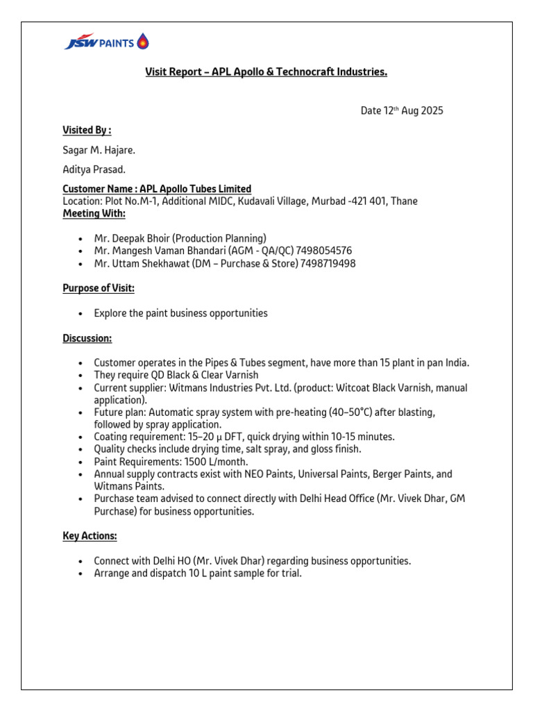 Visit Report APL Apollo & Technocraft Industries | PDF | Paint ...