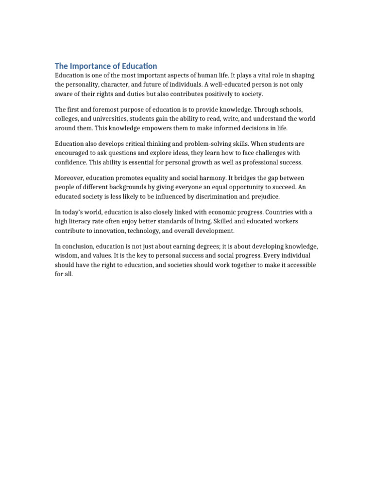 Importance of Education Essay | PDF