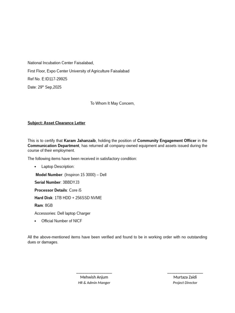 Karam's Asset Clearance Letter | PDF