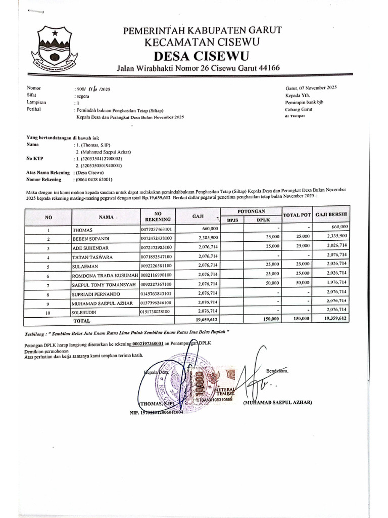 Siltap Kades & Perangkat Nov | PDF