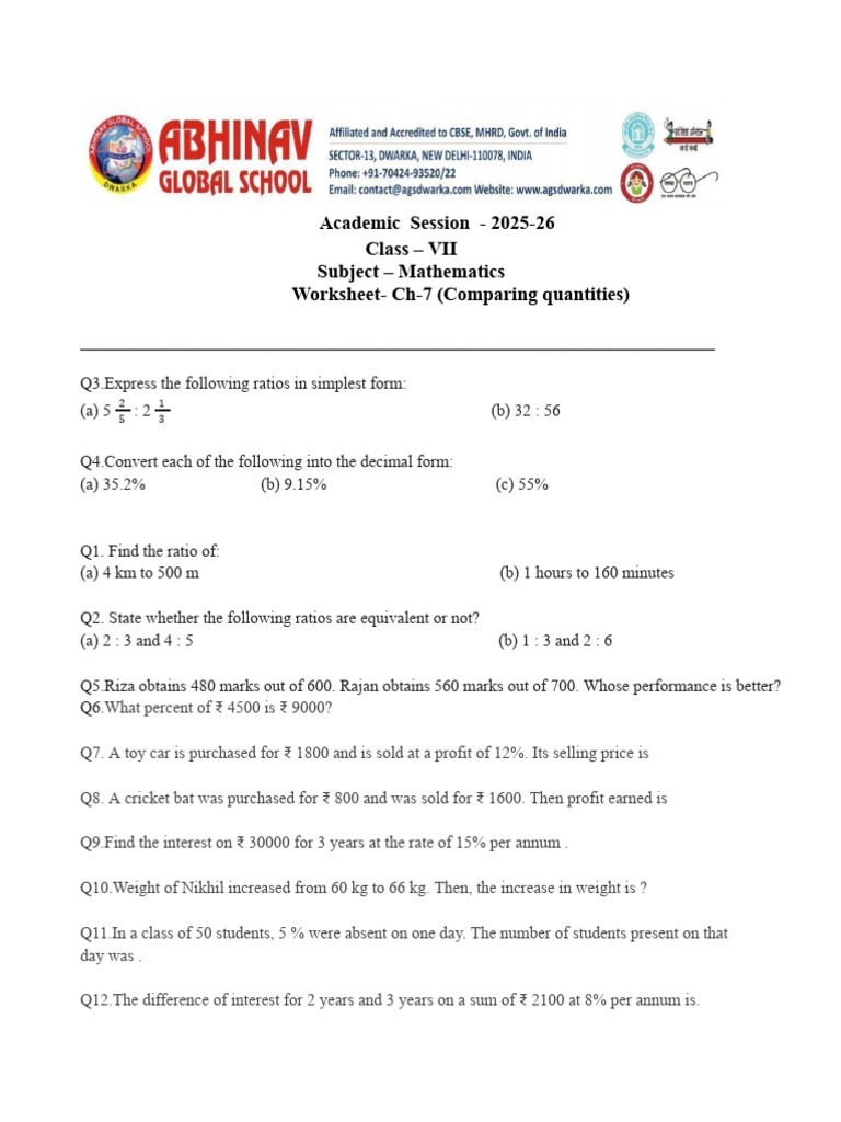 Class VII Math Worksheet on Ratios | PDF