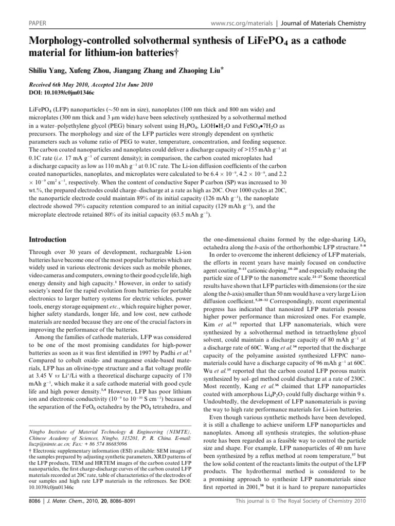 Morphology-Controlled Solvothermal Synthesis of LiFePO4 As A Cathode ...