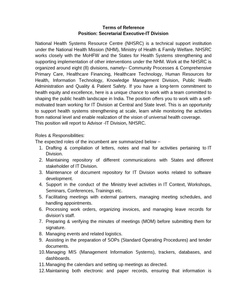 Terms of Reference, Secretarial Executive, IT Division, NHSRC | PDF
