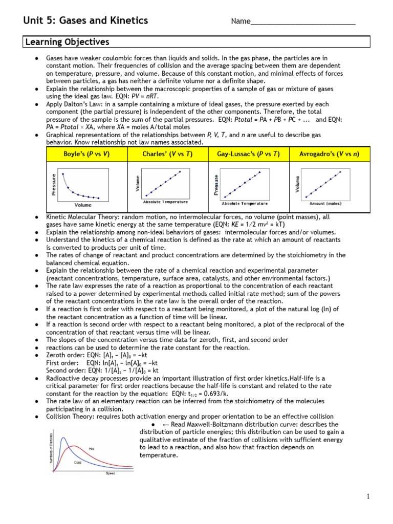 Unit 5 Notes - Gases and Kinetics | PDF | Reaction Rate | Gases