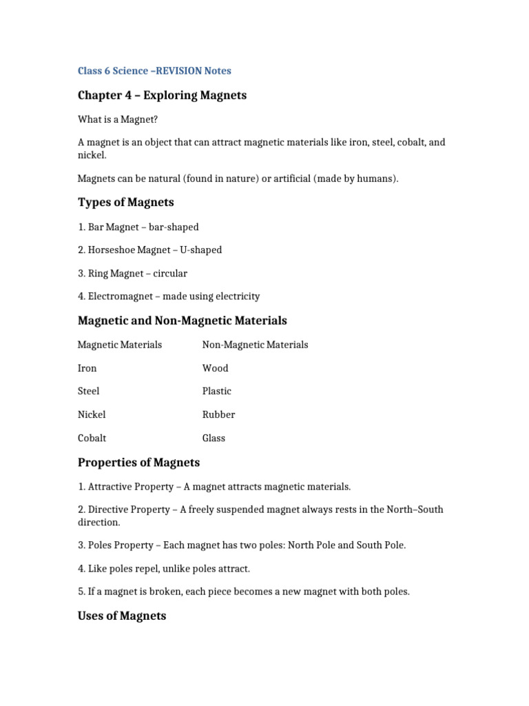 Class 6 Science Notes | PDF | Magnet | Magnetism