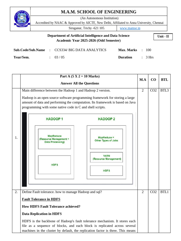 CIA2_BDA Question Bank Ans Key 2&3 Unit | PDF | Apache Hadoop | Map Reduce