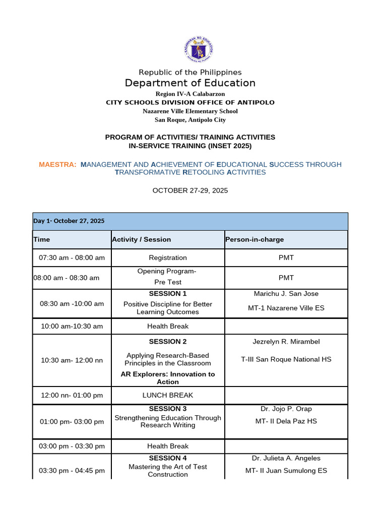 Inset PROGRAM OF ACTIVITIES EXCEL FORMAT | PDF | Human Communication | Teaching