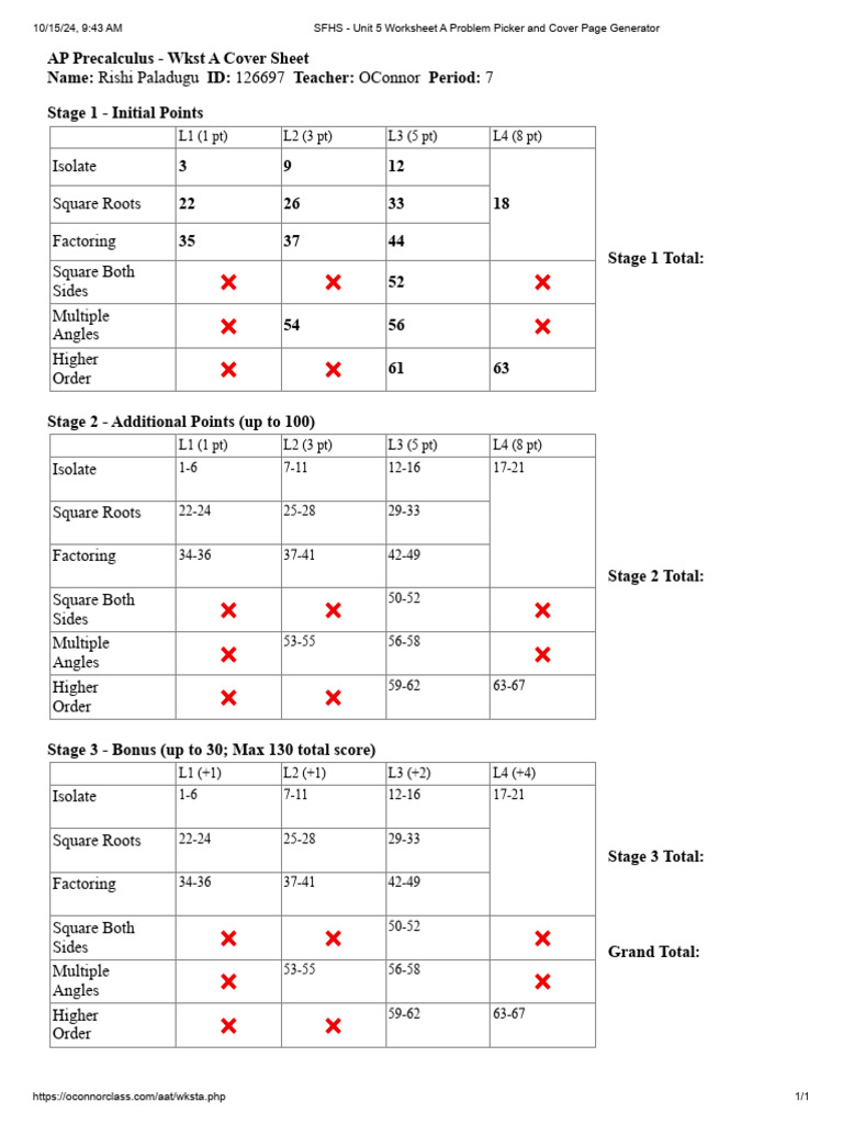 SFHS - Unit 5 Worksheet A Problem Picker and Cover Page Generator | PDF