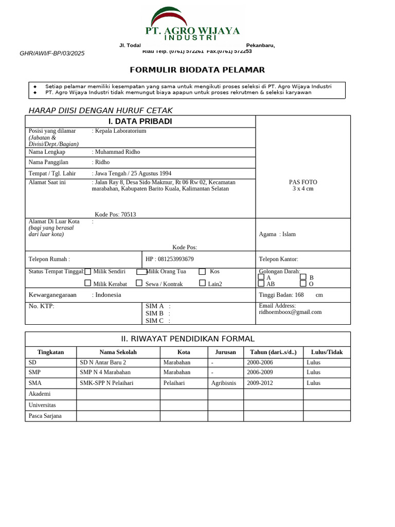 Formulir Biodata Pelamar Kepala Laboratorium | PDF