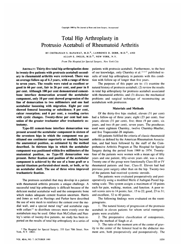 Total Hip Arthroplasty in Protrusio Acetabuli of Rheumatoid Arthritis ...