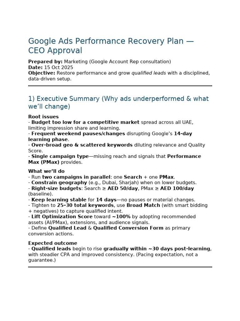 Google Ads Recovery Plan for UAE Leads | PDF | Computing