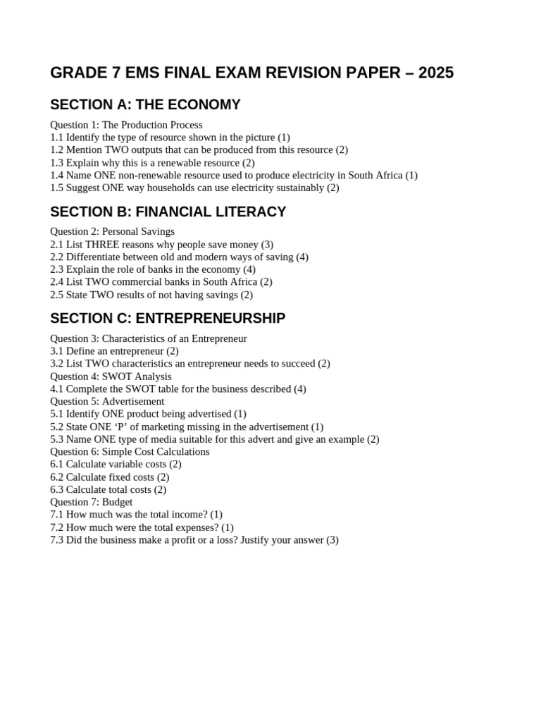 Grade 7 EMS Revision Exam 2025 | PDF